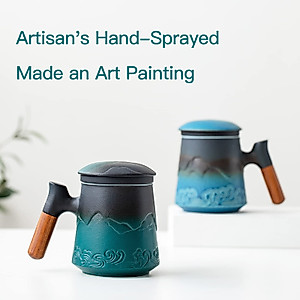 ZENS Tea Cup with Infuser and Lid, Wood Handle Loose Leaf Tea Steeper Mug, 15.2 Ounces Gradient Embossed Ceramic Tea Strainer Mug for Gifts, Black&Green