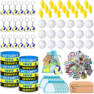 Hungdao 158 Pcs Volleyball Party Favors for 18 People Includes Mini Bouncy Volleyball Keychain Whistle Bracelets Thank You Card Stickers Organza Bag for Volleyball Sports Event Class Rewards