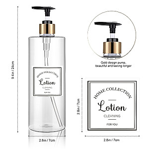 3 Pieces Pump Bottle Set, 25 oz Shampoo and Conditioner Dispenser, Plastic Refillable Soap Dispenser with 6 Label Sticker for Bathroom Lotion Body Wash(Black and Gold)