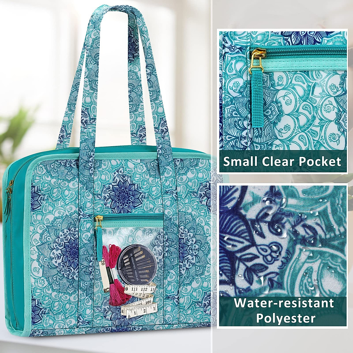 FINPAC Sewing and Craft Supplies Storage Tote, Large Capacity Travel Packing Organizer Bag with Clear Pockets and Handle for Knitting, Crochet, Art, Sewing Accessories (Emerald Illusions)