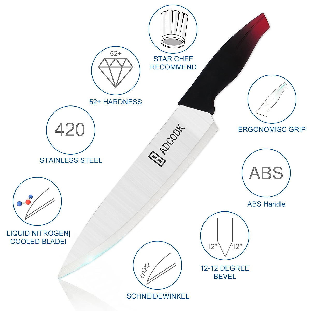 ADCODK Chef Knife - Pro Kitchen Knife 8 Inch Chef's Knives Stainless Steel With Sheath Ergonomic Handle