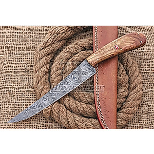 HUNTEX Handmade Hand-Forged Twist Pattern Damascus Steel 11.5 Inch Long Full Tang Olive Wood Handle Razor Sharp Hunting Camping Fillet Knife w/Genuine Leather Pouch