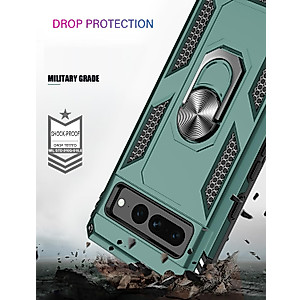 IKAZZ Suitable for Google Pixel 7 Pro Case,Military Grade Shockproof Heavy Duty Protective Phone Cover Pass 16ft Drop Test with Magnetic Kickstand Car Mount Holder Pine Green