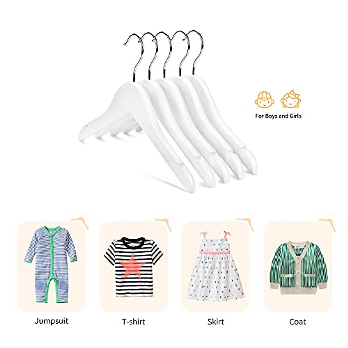 Nature Smile Kids Baby Children Toddler Wooden Shirt Coat Hangers with Notches and Anti-Rust Chrome Hook Pack of 10 (White)
