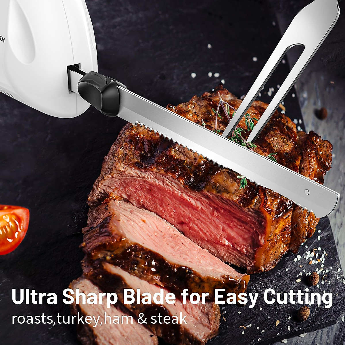 KEENSTAR Electric Knife for Carving Meat, Turkey, Bread, 150W Electric Knife Set with 2 Serrated Stainless Steel Blades & Serving Fork for Slicing Poultry, Ham & More, Ergonomic Handle & Safety Lock