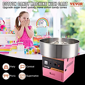 VEVOR Electric Cotton Candy Machine, 1000W Commercial Floss Maker with Stainless Steel Bowl, Sugar Scoop and Drawer, Perfect for Home, Kids Birthday, Family Party, Without Cover, Pink
