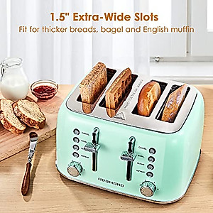 REDMOND Toaster 4 Slice, Retro Stainless Steel Toaster with Extra Wide Slots Bagel, Defrost, Reheat Function, Dual Independent Control Panel, Removable Crumb Tray, 6 Shade Settings and High Lift Lever, Aqua Green