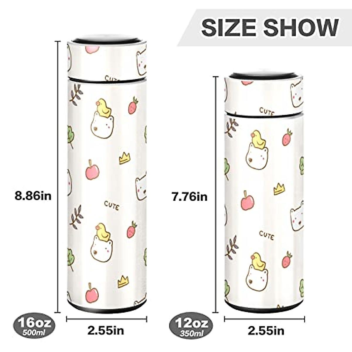 CaTaKu Strawberry Animal Duck Water Bottle Insulated 16 oz Stainless Steel Flask Thermos Bottle for Coffee Water Drink Reusable Wide Mouth Vacuum Travel Mug Cup