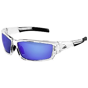 Bullhead Safety Maki Safety Glasses with Anti-Fog Blue Mirror Lens, Polycarbonate Protective Eyewear with UV Protection, Comfortable and Lightweight, Crystal Clear Frame, One Size
