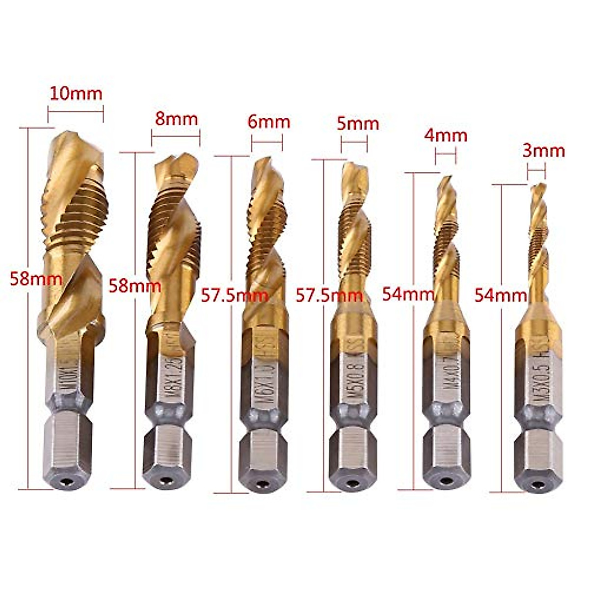 6Pcs 2-in1 Combination Drill and Tap Set TOPINCN Coated HSS Metric Hex Shank Screw Taps Tool Set
