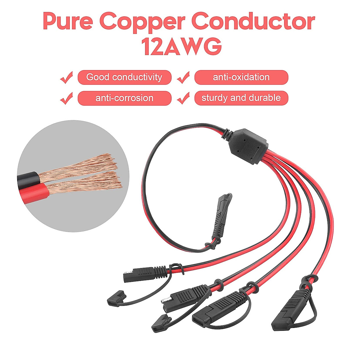 PAEKQ 12AWG SAE Y Splitter Extension Cable with SAE Polarity Reverse Adapter 2 FT SAE 1 to 4 Extension Cable Quick Disconnect Connector for Automotive Solar Battery Connection and Transfer