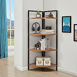 SAYGOER Corner Bookshelf 4 Tier Stand Storage Shelf Modern Black Bookcase Ladder Standing Shelves Display Rack Plant Stand for Small Spaces, Bedroom, Living Room,Walnut Oak