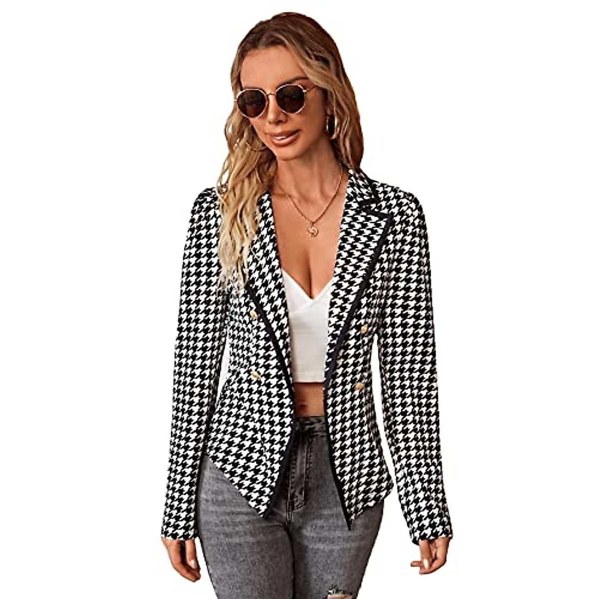 WDIRARA Women's Houndstooth Lapel Long Sleeve Elegant Coat Work Office Jackets Blazers Black and White XS