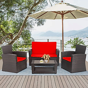 4 Pieces Patio Conversation Set, Outdoor PE Rattan Wicker Sofa Furniture Set with Soft Cushions and Glass Coffee Table for Backyard Lawn Garden Balcony Porch Poolside,Red