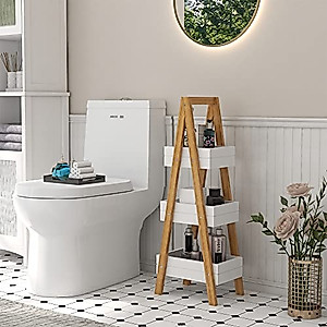 Bathroom Shelving Storage Rack with 3 Wooden Baskets White Mid-Century Modern Bamboo