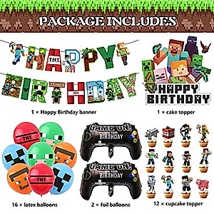 Pixel Themed Birthday Party Supplies, Pixel Style Birthday Banner, Gamer Balloons, Pixel Cake and Cupcake Toppers for Boys Miner Video Game Theme Party Decorations