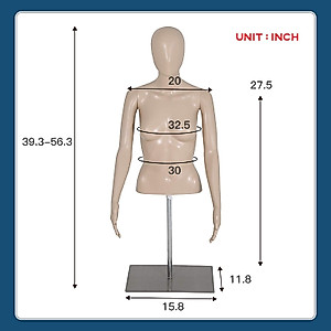 Female/Male Mannequin,39-56/42-59 Inch Height Adjustable Torso Dress Form Sewing Manikin Dress Model Mannequin Stand Mannequin Display Head Dress Mannequin Clothing Form Metal Base Stand (39-56Inch)