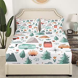 Kids Camper Theme Bed Sheets Set Twin 3Pcs, Happy Camping Bedding Set, Travel Car Rv Accessories Sheets, Botanical Flowers Mountain Adventure Top Sheet, Cute Camper Flat Fitted Sheet Bedroom Decor