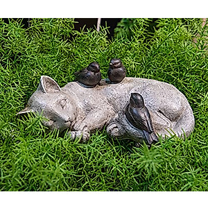 LC LCdecohome Sleeping Cat Garden Statues Outdoor - Sparrows On Cat Figurine 12" x 8" x 4.5"