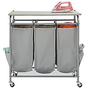 HollyHOME Laundry Basket Sorter with Ironing Board and 4 Wheels,Laundry Hamper with Sturdy Small Bags for Laundry Room Grey
