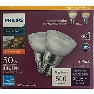 Philips LED Dimmable PAR20 40-Degree Indoor Flood Light Bulb with Warm Glow Effect 500-Lumen, 2200-2700-Kelvin, 5.5 Watts (50-Watt Equivalent), E26 Base, Soft White, 2-Pack