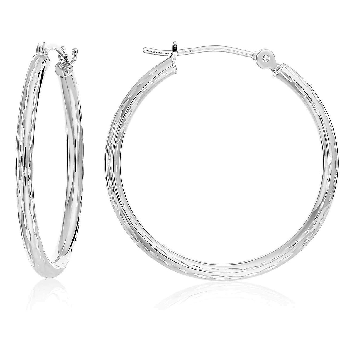 14k White Gold Hand Engraved Full Diamond-cut Round Hoop Earrings (25mm (1 inch))