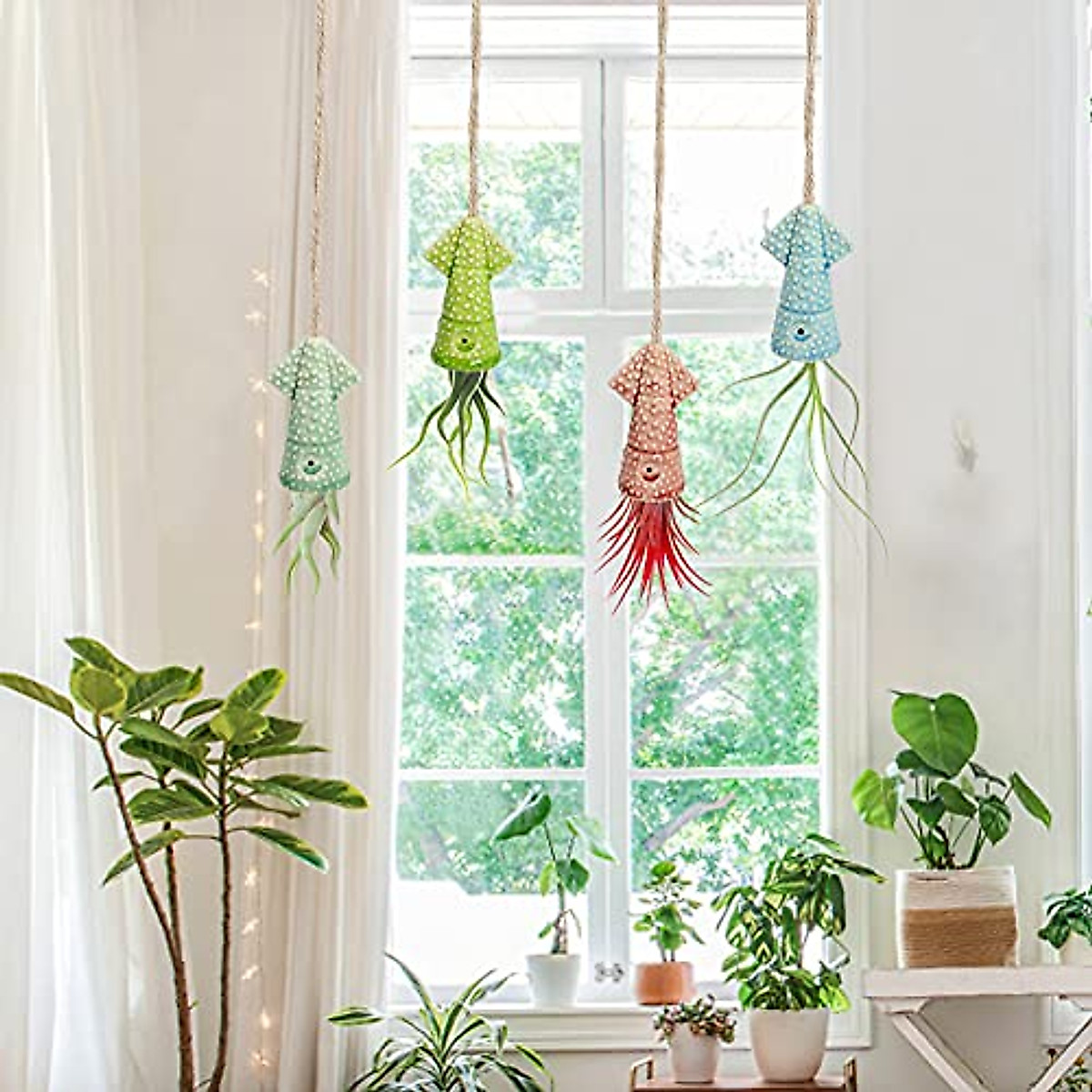 Mimeela 4 Pack Air Plant Holder Unique, Cute Squid Air Plant Hanger Wall Planter, Ceramic Tillandsia Airplants Holders Hanging Wall Decor for Home Office (Squid-Small (1.6 x 3.6 in))