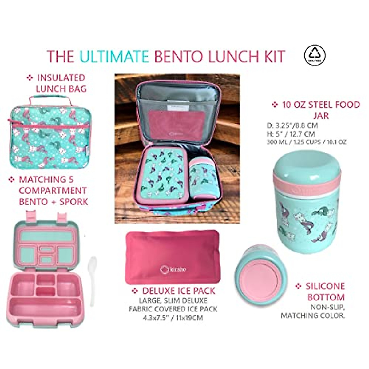 Bento Box with Stainless Steel Food Thermos for Hot Food or Soup, Insulated Lunch Bag, and Ice Pack Set for Kids Girl Toddlers. Ages 3 to 7 Pink Aqua Cat Mermaid