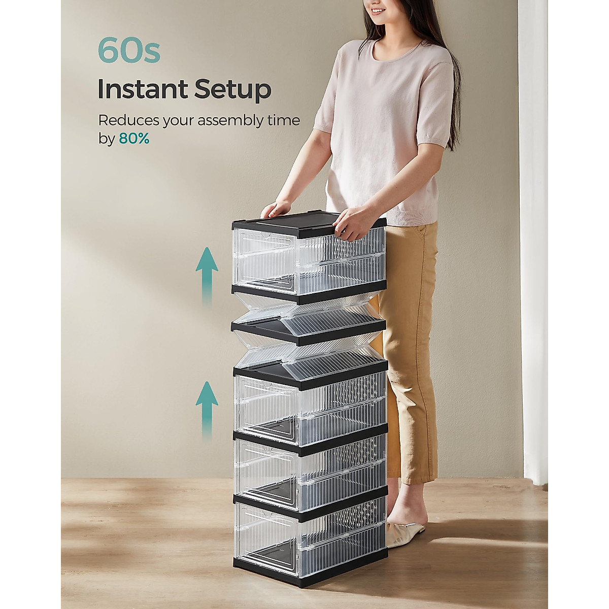 SONGMICS Foldable Shoe Boxes, Pack of 18 Stackable Shoe Storage Organizer, Set of 3 Integraed Shoe Cabinets, Portable, Fit up to US Size 13, 60s Assembly, Transparent and Ink Black ULSP207B01