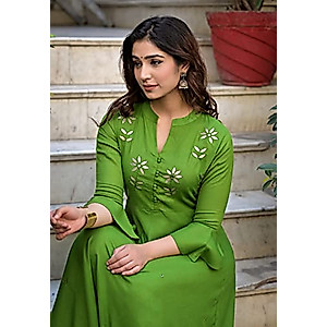 FIDOZA Women's Rayon Printed Anarkali Embroidery Kurti Dress | Pakistani Style Rayon Embroidery Kurti For Women | Ready to wear (Olive Green, M)