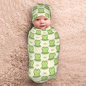 Frog Cartoon Baby Stuff Newborn Baby Swaddle Blanket Swaddle Wrap Soft Sleep Sacks Stretchy Receiving Blankets with Hat for Boy Girl Infants Gifts