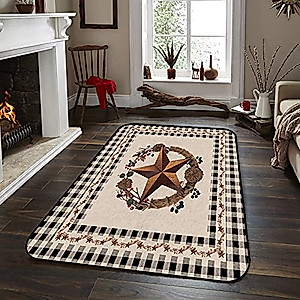 Non-Slip Area Rugs with Rubber Backing Throw Rugs Runner Farmhouse Country Star and Primitive Berries On Retro Black Plaid Non-slip Soft Cozy Carpets for Floor, Entryway, Nursery48x72 Inch