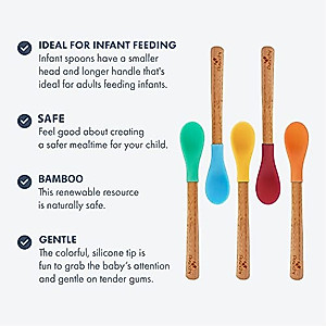 Avanchy® Infant Baby Spoons Bamboo and Silicone Set, Self Feeding Food Utensils, 4 Months Baby Led Weaning, 5 Pack, With Blue Spoon