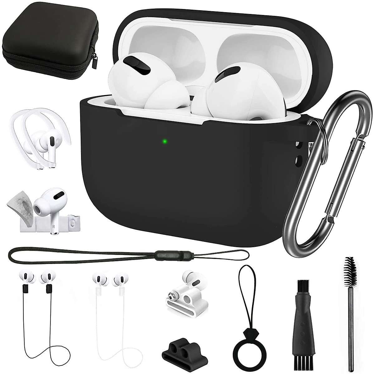 13in1 Cover for AirPods Pro Case 2 Accessories Set 2022 New Released, Dust Guard Protective Silicone Cover for AirPod Pro 2rd Generation Charging Case w/Ear Hook/Carry Box/Keychain Black