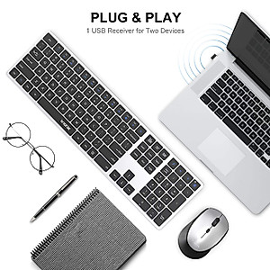Wireless Keyboard and Mouse Combo, WisFox 2.4G Full-Size Slim Thin Wireless Keyboard Mouse for Windows, Computer, Desktop, PC, Laptop Mac (Silver and White)