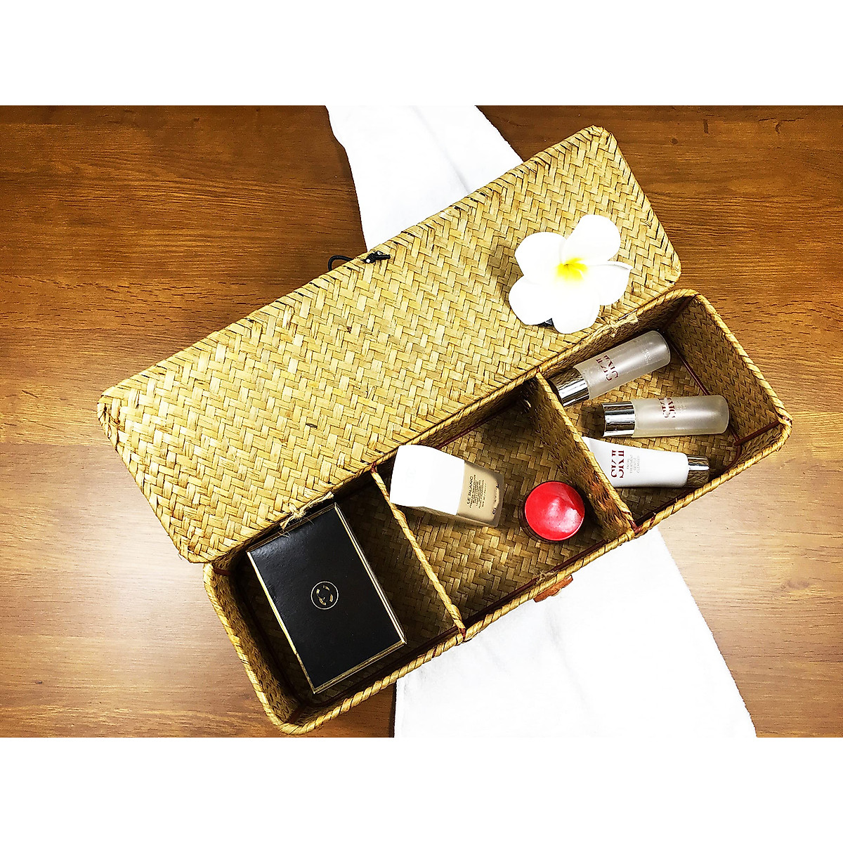 LA NINA 3-Section Rectangular Storage Basket with Lid, Tropical Style, Brown, Water Hyacinth