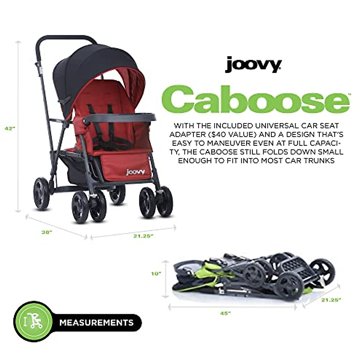 Joovy Caboose Sit and Stand Double Stroller with Rear Bench and Standing Platform, 3-Way Reclining Seats, Optional Rear Seat, and Universal Car Seat Adapter (Red)