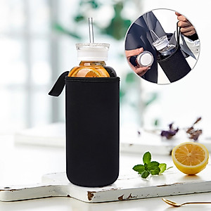 Joeyan 22 oz Glass Water Bottle with Straw and 2 Lids,Drinking Jars with Cleaning Brush Sleeve and Time Marker,Clear Tumbler,Leakproof Iced Coffee Cup,Large Smoothie Boba Tea Glasses,Dishwasher Safe