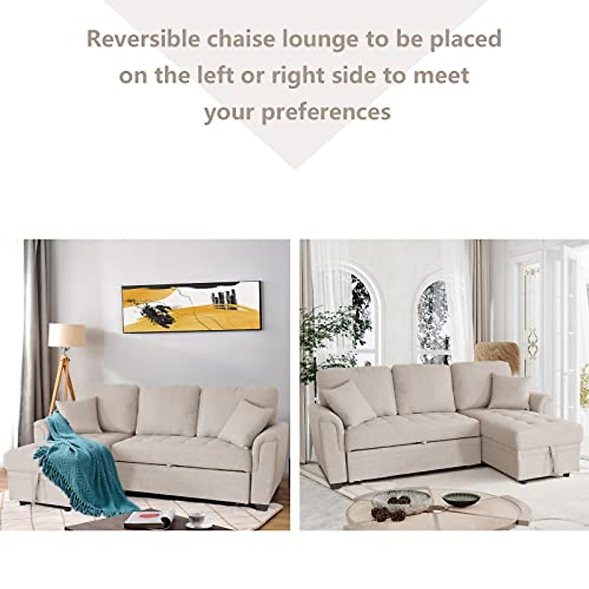 Aoowow Upholstered Sectional Sofa with Reversible Storage Chaise Lounge, Linen Fabric Pull Out Sofa Bed with 2 Throw Pillows, 86 Inch L-Shaped Couch, 3-Seat Sleeper Sofa for Living Room (Beige)