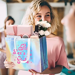 ICoDeesse 8 Pcs Let’s Go Girls Bachelorette Iridescent Tote Bags Reusable Holographic Bridesmaid Gift Bag With White Handles Retro Disco Cowgirl Party Accessories Western Cowgirl Theme Party Favors