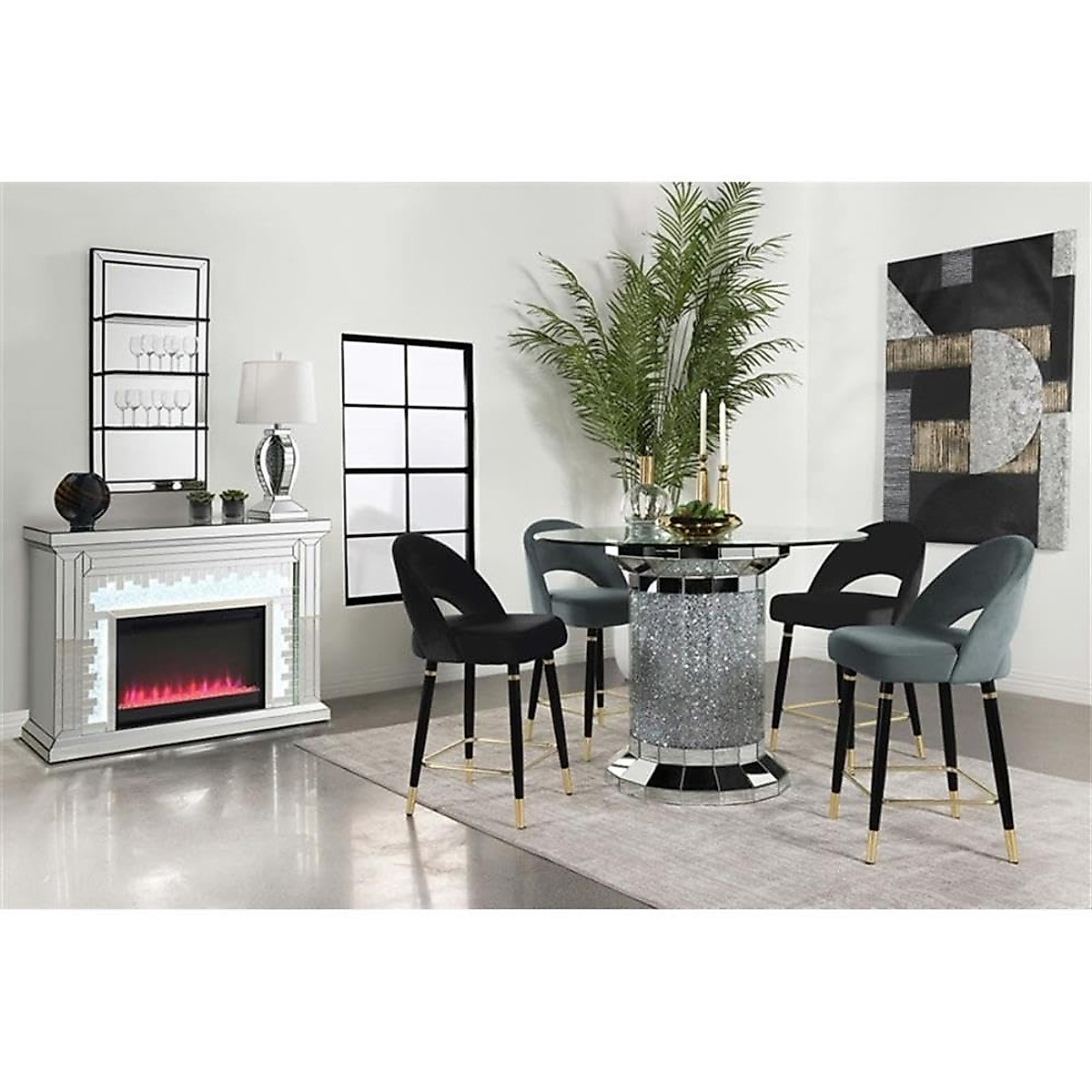 MAKLAINE Pedestal Round Glass Top Counter Height Table in Mirror