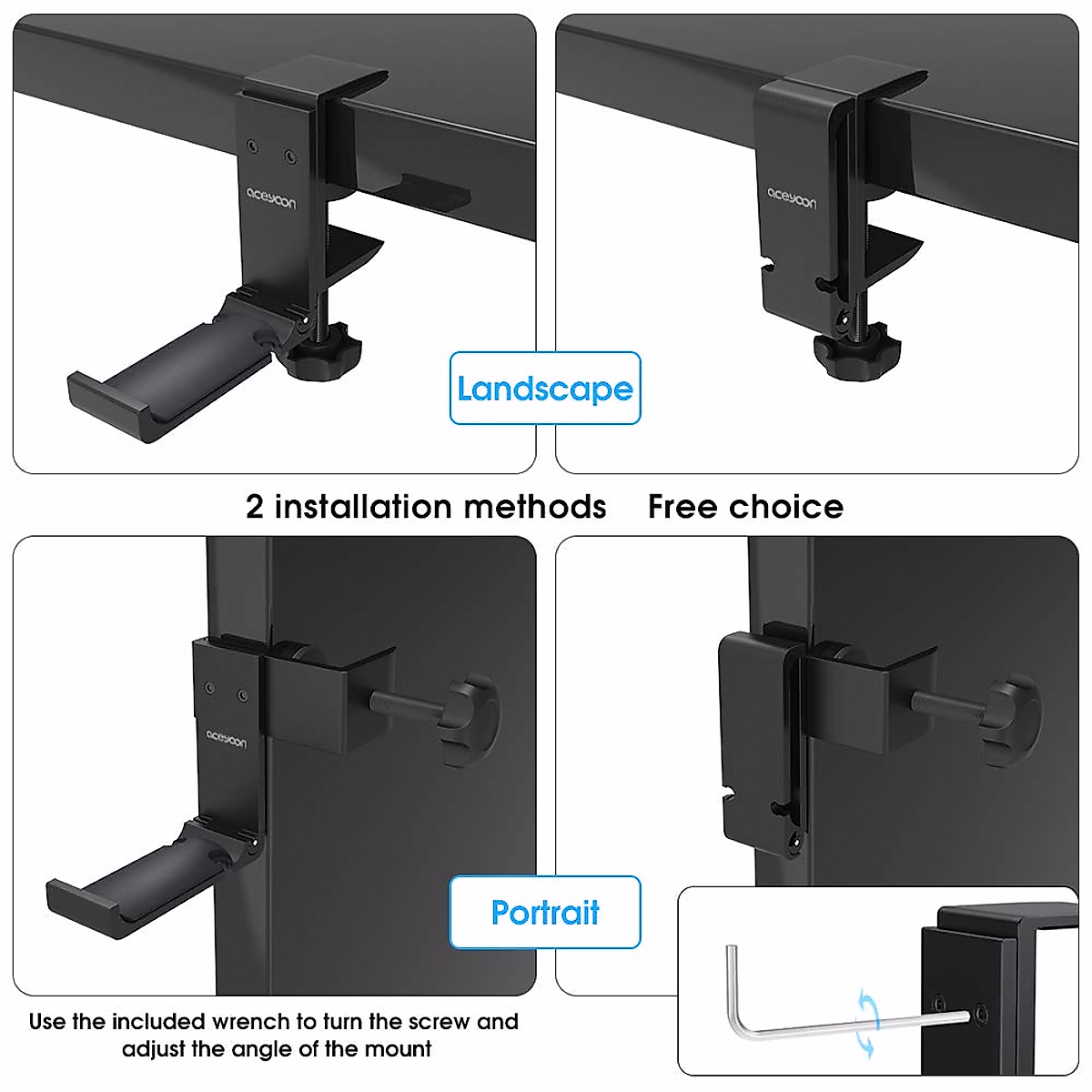 aceyoon Dual Headphone Stand, Under Desk Hanger, 360 Degree Rotatable Dual Headset Holder with Adjustable Clamp, Table Hook for Bag/Backpack/Gaming Headphone