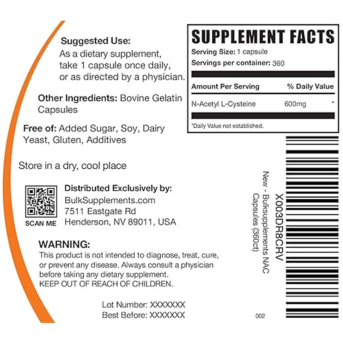 BULKSUPPLEMENTS.COM NAC 600 mg Capsules - N-Acetyle Cysteine 600mg, NAC Supplement, NAC 600mg - NAC Capsules, Gluten Free - 1 Capsule per Serving, 360-Day Supply, 360 Capsules