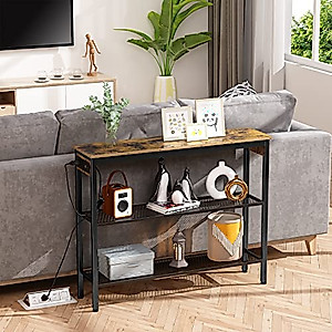 Mr IRONSTONE Console Table with Power Outlet, 39" Narrow Sofa Table, 3-Tier Couch Table Behind Sofa with Metal Frame Hallway Table for Entryway, Living Room, Rustic Brown