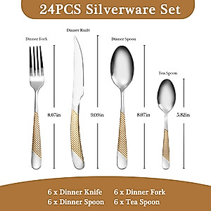 24 Piece Gold Hammered Silverware Set for 6, Premium Food-grade Stainless Steel Flatware Set, Luxury Design & Mirror Polished Cutlery Set, Eating Utensil Set with Fork Knife Spoon, Dishwasher Safe