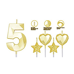 Gold Number 5 Candles and Star Heart Candles 2.76 inch Number Candles for Birthday Cakes 3D Diamond Shaped for Cake Decorations(Gold Candle 5)
