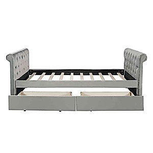 ATY Twin Size Daybed with Two Storage Drawers, Upholstered Sofa Bed Bedframe w/Wood Slat Support, No Box Spring Needed, for Bedroom, Guestroom, Save Space, Gray