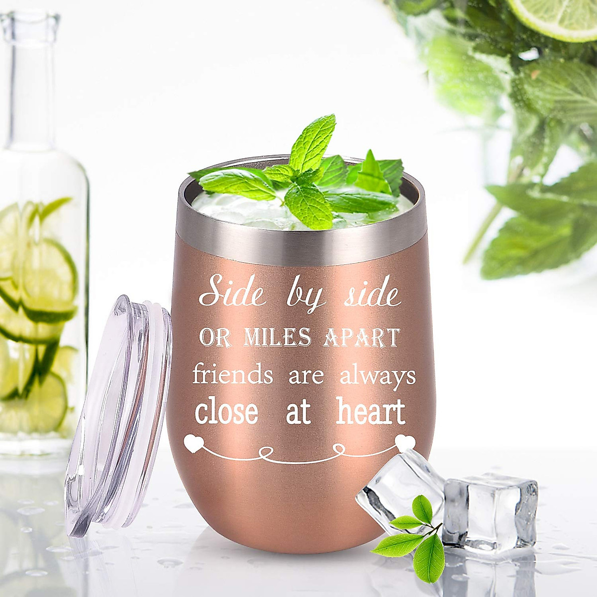 Friends Wine Tumbler Set of 4, Side By Side or Miles Apart Friends Are Always Close at Heart Wine Tumbler for Long Distance Friendship, 12 Oz Stainless Steel Insulated Wine Tumbler with Lid and Straw