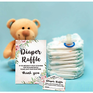 Diaper Raffle Baby Shower Game Set(1 Standing Sign + 50 Guessing Cards), Floral Greenery Diaper Raffle Tickets for Baby Shower, Blush Pink Baby Shower Party Favor Decor - A08