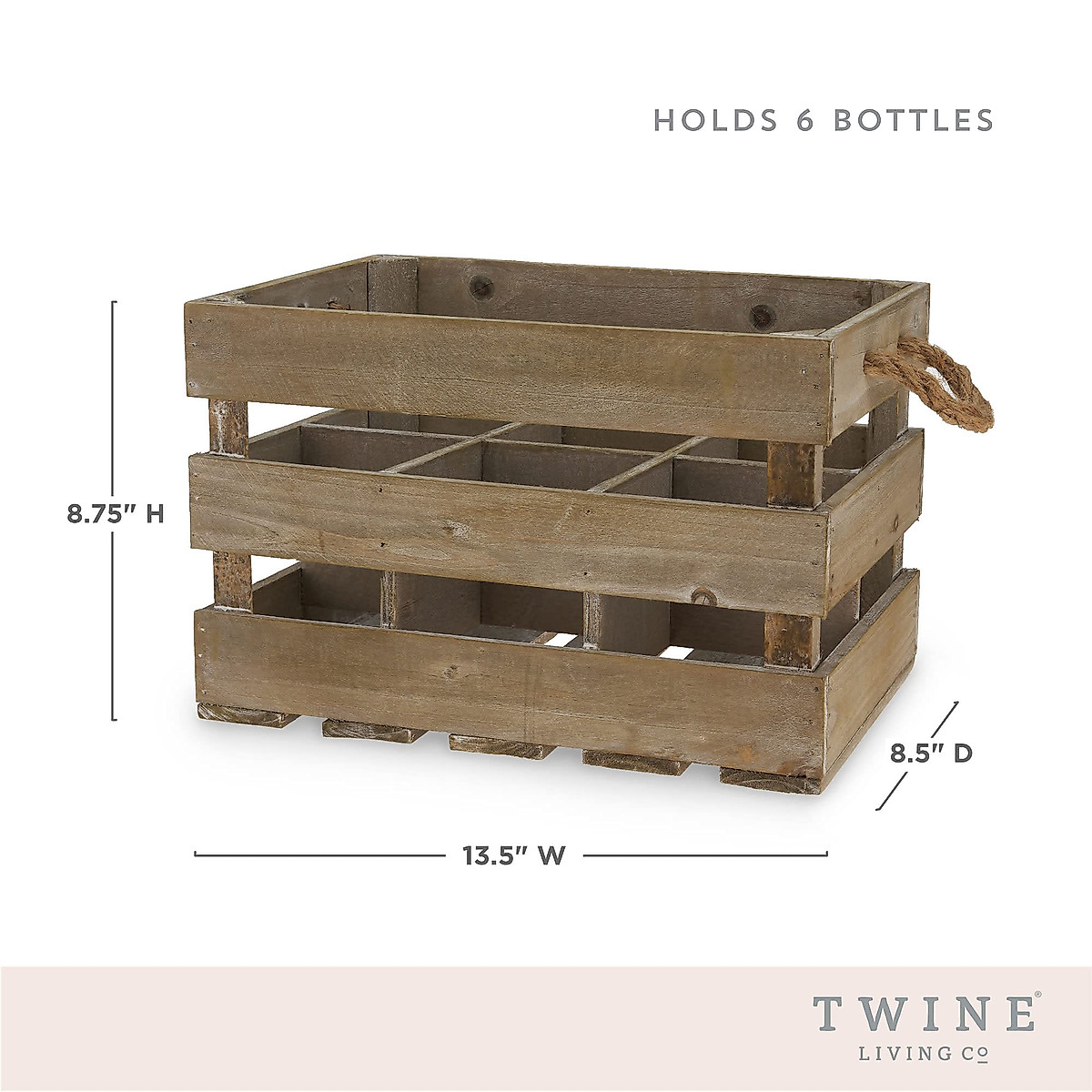 Twine 4281 Farm House Decor, Wood Wine Holder Rustic Farmhouse Wooden 6 Bottle Crate, Dark wood